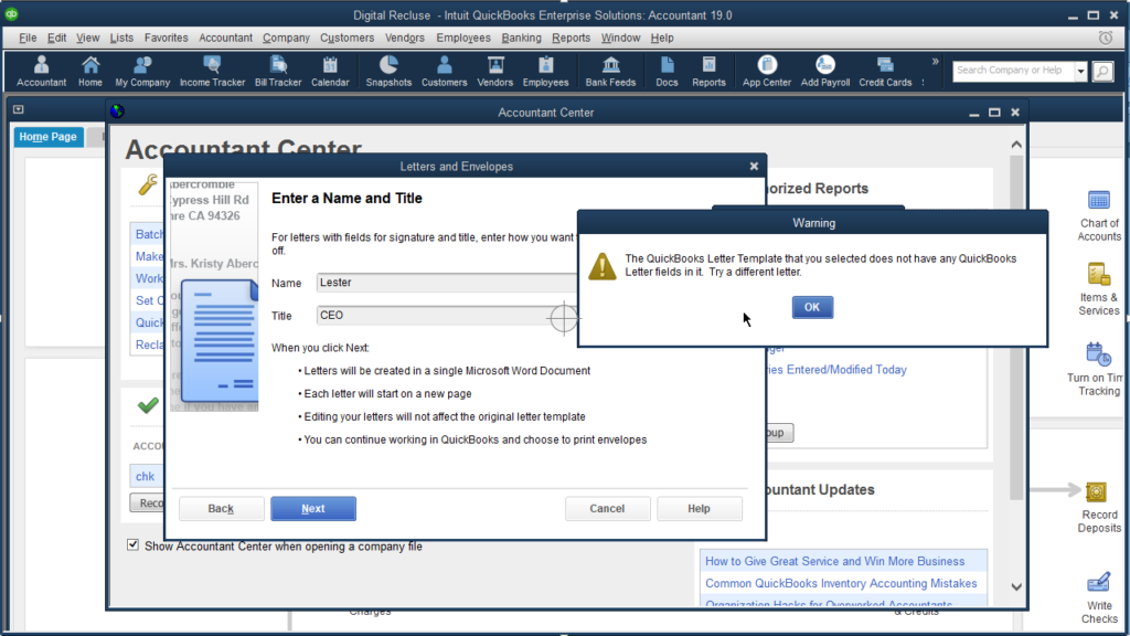 QuickBooks Portable File - Restoring Company Letters | ebs Associates, Inc.